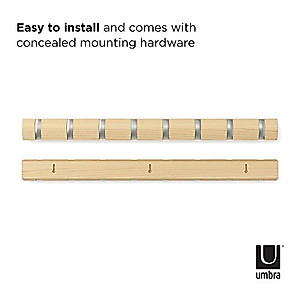 Umbra Flip Wall-Mounted Coat Rack Rail Hook for Hats, Jackets, Bags and More – Modern, Space-Saving Storage Organizer for Entryway, Mudroom, Closet, Bathroom, Bedroom, Kids Room, or Nursery, 8 Hooks, Natural/Nickel