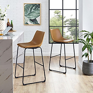 Walker Edison Douglas Urban Industrial Faux Leather Armless Lounge Kitchen Bar Chairs, Set of 2, Whiskey Brown