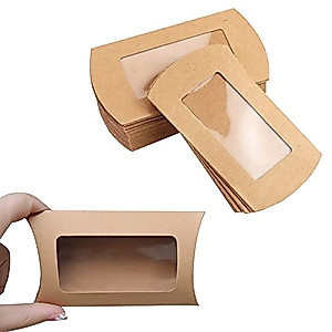 40pcs Kraft Paper Mini Pillow Packaging Box with Clear Window, Box Treat Gift Packaging Box for Bakery Candy Chocolate Jewelry Display Wedding Party Favor (Brown, 5 x 3 x 0.8 inches)