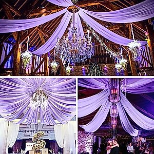 Ceiling Drapes for Weddings 6 Panels,Long Vaulted Draping Chiffon Backdrop Curtains for Party Ceiling Drapery Sheer Ceiling Drapes for Wedding Stage Reception Wedding Arch Draping Purple 5ftx20ft