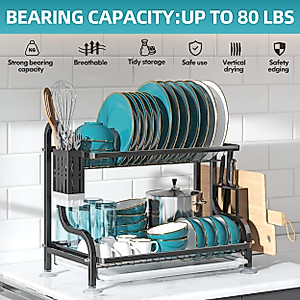 MAJALiS Dish Drying Rack for Kitchen Counter, 2 Tier Large Dish Drainers with Drainboard Set and Utensil Holder, Dish Dryer Strainer (Black, Stainless Steel)