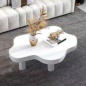 LITFAD Scandinavian Free Form Coffee Table with 3 Wooden Legs in Pine Wood Modern Solid Wood Living Room Table - White