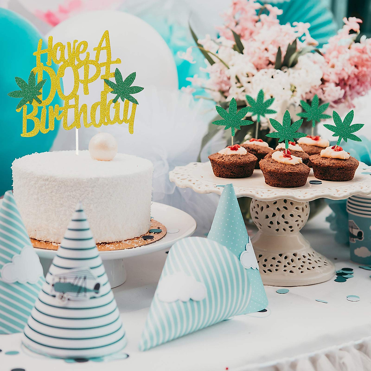 3 Pieces Pot Leaves Birthday Banners Weed Leaves Birthday Decorations, 13 Pieces Pot Leaf Cake Toppers, 12 Pieces Hanging Swirls and 24 Pieces Balloons for Baby Shower Birthday Party Decoration