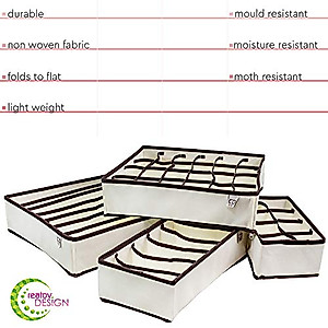 Underwear Sock Drawer Closet Organizer – Set of 4 Collapsible Beige Fabric Foldable Storage Boxes Draw Organizers Divider for Panties Bra Socks Tie Belt Lingerie Clothing Fits Under Bed Drawer Closet