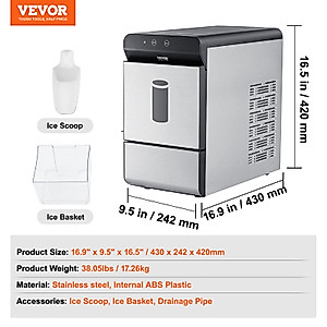 VEVOR Countertop Nugget Ice Maker, 37lbs in 24Hrs, 2 Way Water Refill Self Cleaning Nugget Ice Maker with Scoop and Basket for Home Kitchen Office Party
