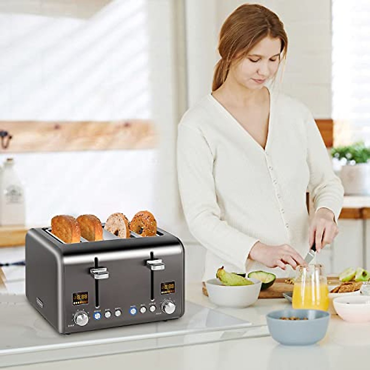 SEEDEEM Toaster 4 Slice, Stainless Steel Bread Toaster with Colorful LCD Display, 7 Bread Shade Settings, 1.4'' Wide Slots Toaster with Bagel/Defrost/Reheat Functions, Removable Crumb Tray, Dark Metallic, 1800W