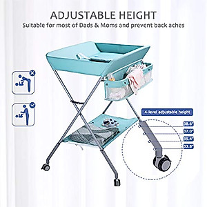 EGREE Baby Portable Folding Diaper Changing Station with Wheels, Adjustable Height Mobile Nursery Organizer with Safety Belt & Large Storage Racks for Newborn & Infant, Green 1 Count (Pack of 1)