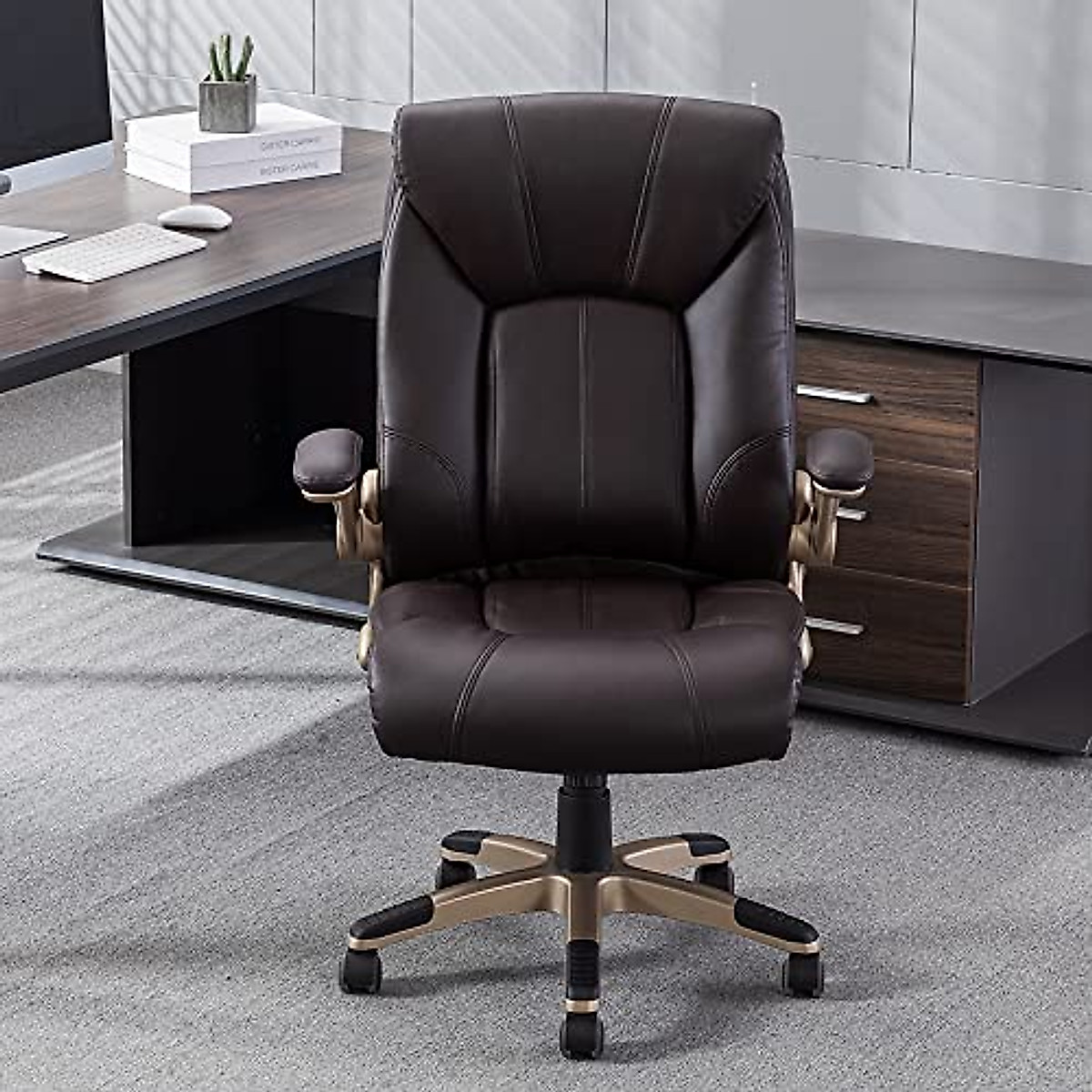 CHIZZYSIT Home Office Chair，Light Luxury Metal managerial Chairs & Executive Chairs，Tilt Function PU Leather Office Desk Chair with Leather flip armrest