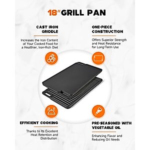 DARTMOOR 2-in-1 Reversible Cast Iron Griddle, 18 in Pre-Seasoned Cast Iron Grill Pan with Pan Scrapers, Double Side Rectangular Frying Pan with Non-Stick Surface, Indoor & Outdoor Use