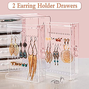 Acrylic Jewelry Organizer Box, Clear Earring Holder Jewelry Hanging Boxes with 4 Velvet Drawers for Earrings Ring Necklace Bracelet Display Case Gift for Women, Girls