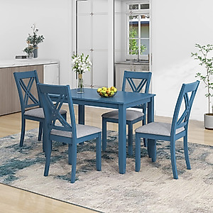 WOZNLA 5-Piece Rustic Round Dining Set-Minimalist Wood Kitchen Table with 4 Comfortable X-Back Padded Chairs-Ideal for Cozy Gatherings, Blue