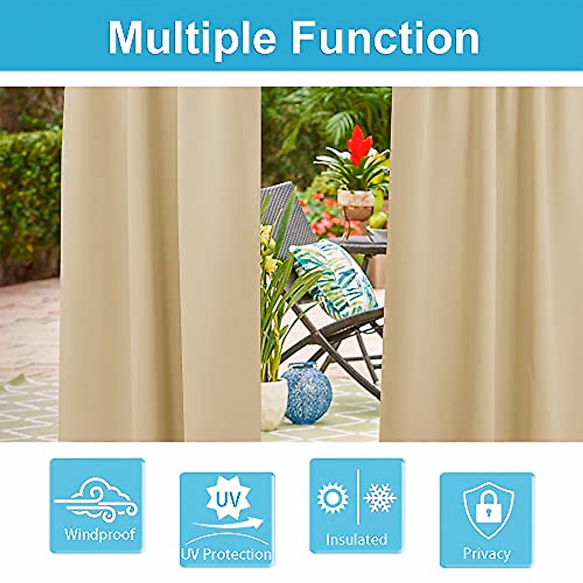 RYB HOME 2 Panels Outdoor Patio Curtains - Weighted Waterproof Drapes Blackout Shades Thermal Insulated Privacy Windproof Draperies for Gazebo Porch Sliding Door, Biscotti Beige, W52 x L84