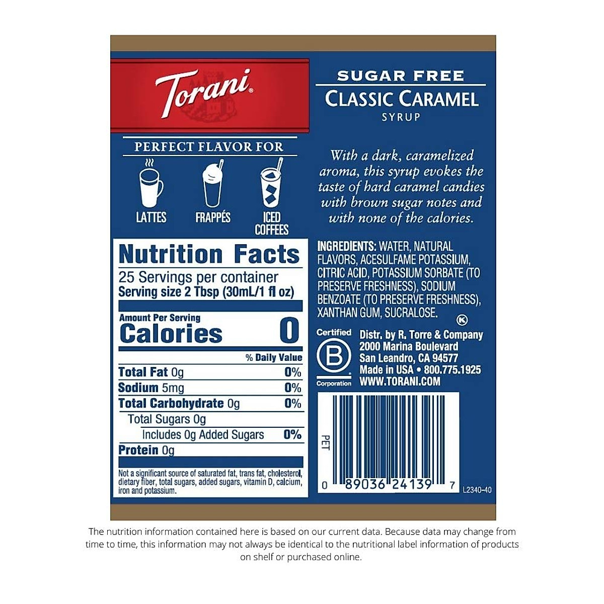 Torani Sugar Free Syrup, Classic Caramel, 25.4 Oz, Pack of 4