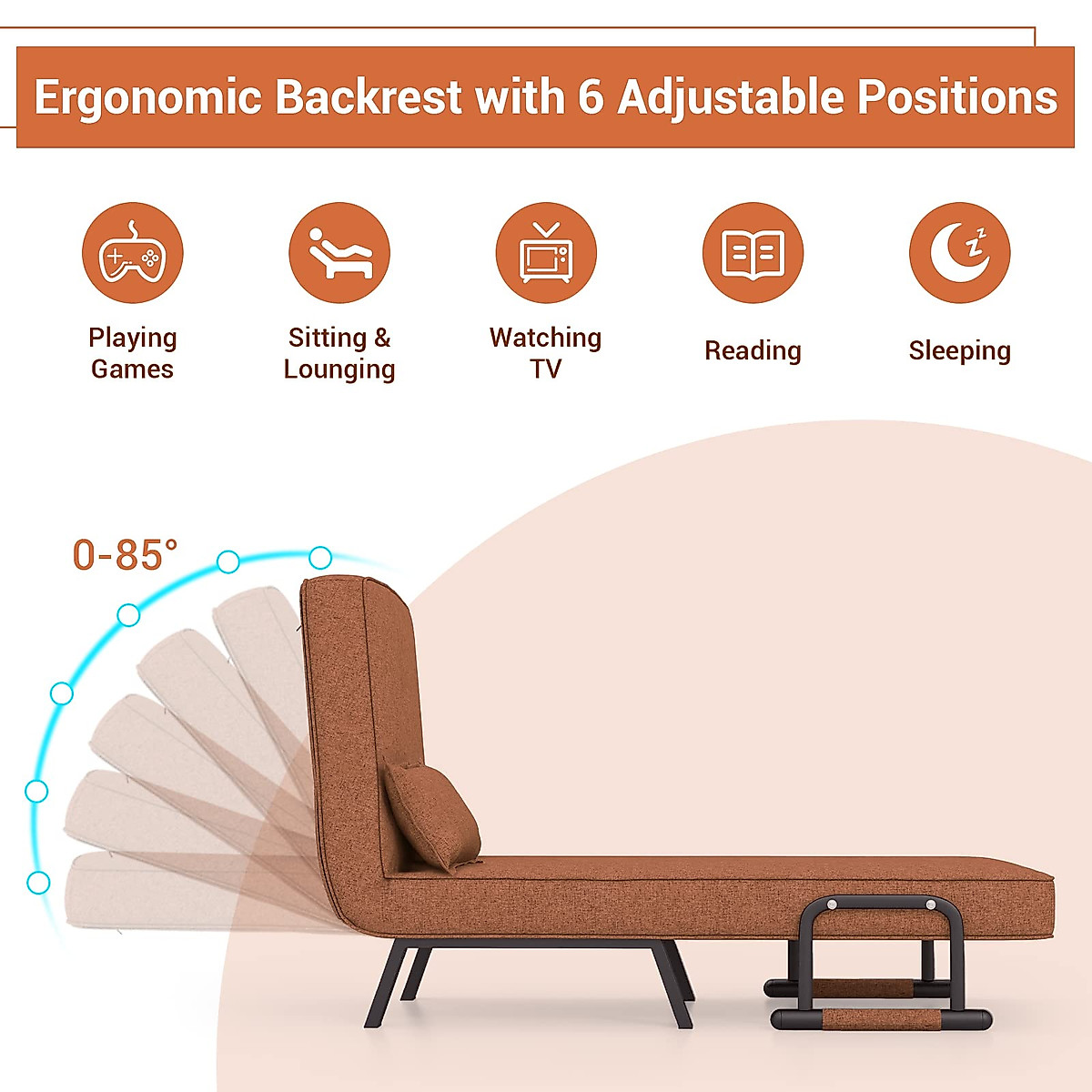 POWERSTONE Convertible Sleeper Chair Bed, 4 in 1 Living Room Reading Chair with Pillow, Arm and Adjustable 5 Position Backrest Single Sofa Bed, Coffee