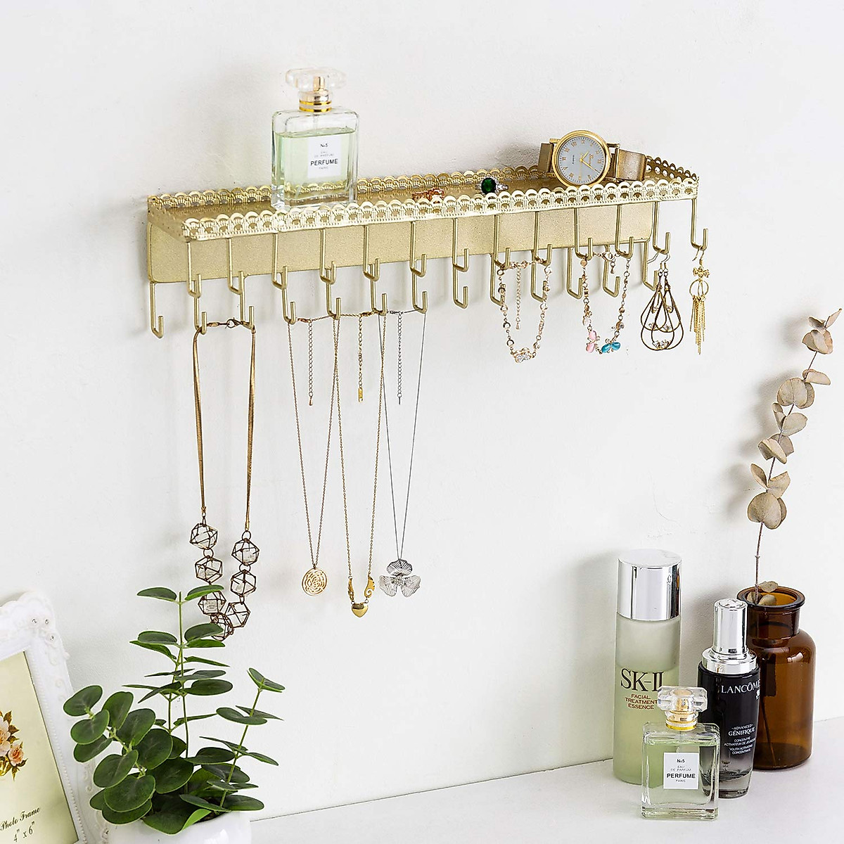 MyGift 26-Hook Gold-Tone Wall-Mounted Metal Jewelry Organizer with Display Shelf
