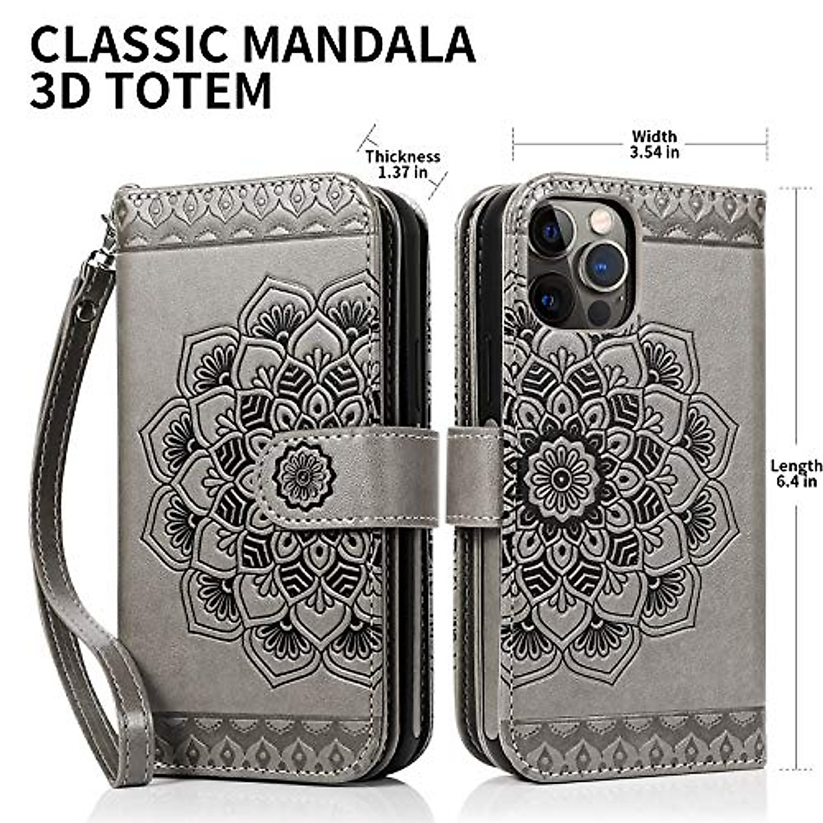 CASEOWL for iPhone 13 Pro Max Case Wallet for Women, Detachable Mandala Embossed Leather Wallet Phone Case with 9 Card Holder[RFID Blocking], Wristlet (Gray)