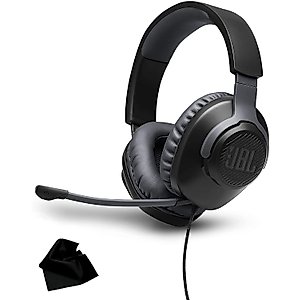 JBL Quantum 100 Over-Ear Surround Sound Gaming Headphones Bundle with Deluxe CCI Cleaning Cloth (Black)