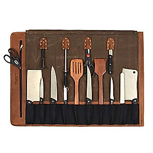 Aaron Leather Goods Leather Knife Roll With Storage Bag, Elastic and Expandable 10 Pockets, Adjustable/Detachable Shoulder Strap, Travel-Friendly Chef Knife Case (Green, Canvas)