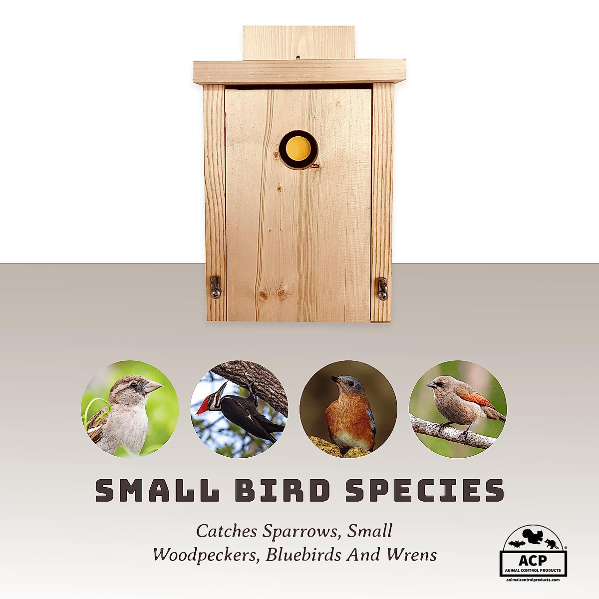 Sparrow Birdhouse Trap 1.5" Bird Hole w/Trap Door | Highly Effective & Easy to Use | Catch and Release Problem Sparrows Small Woodpeckers Wrens & Small Little Annoying Grey Brown Birds Species