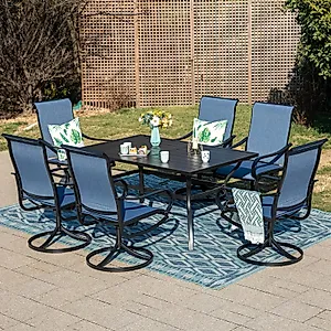 MFSTUDIO 7-Piece Patio Dining Set, Outdoor Furniture 6 Sling Dining Swivel Chairs and Steel Frame Slat Larger Rectangular Table with 1.57" Umbrella Hole for Backyard, Blue