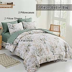 Botanical Comforter Set Full, 7 Pieces Floral Reversible Bed in a Bag Green Leaves Printed Bedding Set Soft Microfiber Full (1 Comforter,2 Pillowcase,2 Pillow Shams,1 Flat Sheet,1 Fitted Sheet)