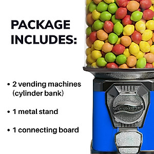 Gumball Machine for Kids - 2 Vending Machines with Stand & Connecting Board Bundle - Bubble Gum Blue Vending Machine and Black Metal Stand Bundle - Coin Gumball Machine