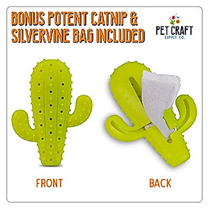 Pet Craft Supply Cactus Interactive Cat Toy Chew Toy Teeth Cleaning Bite Resistant 100% Natural Rubber with Bonus Catnip and Silvervine Bags for Kittens and Adult Cat