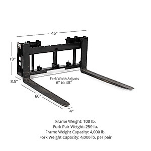 Titan Attachments Skid Steer Pallet Fork Frame Attachment, 60â€ Fork Blades, Rate 4,000 LB, Quick Tach Tractor, Receiver Hitch