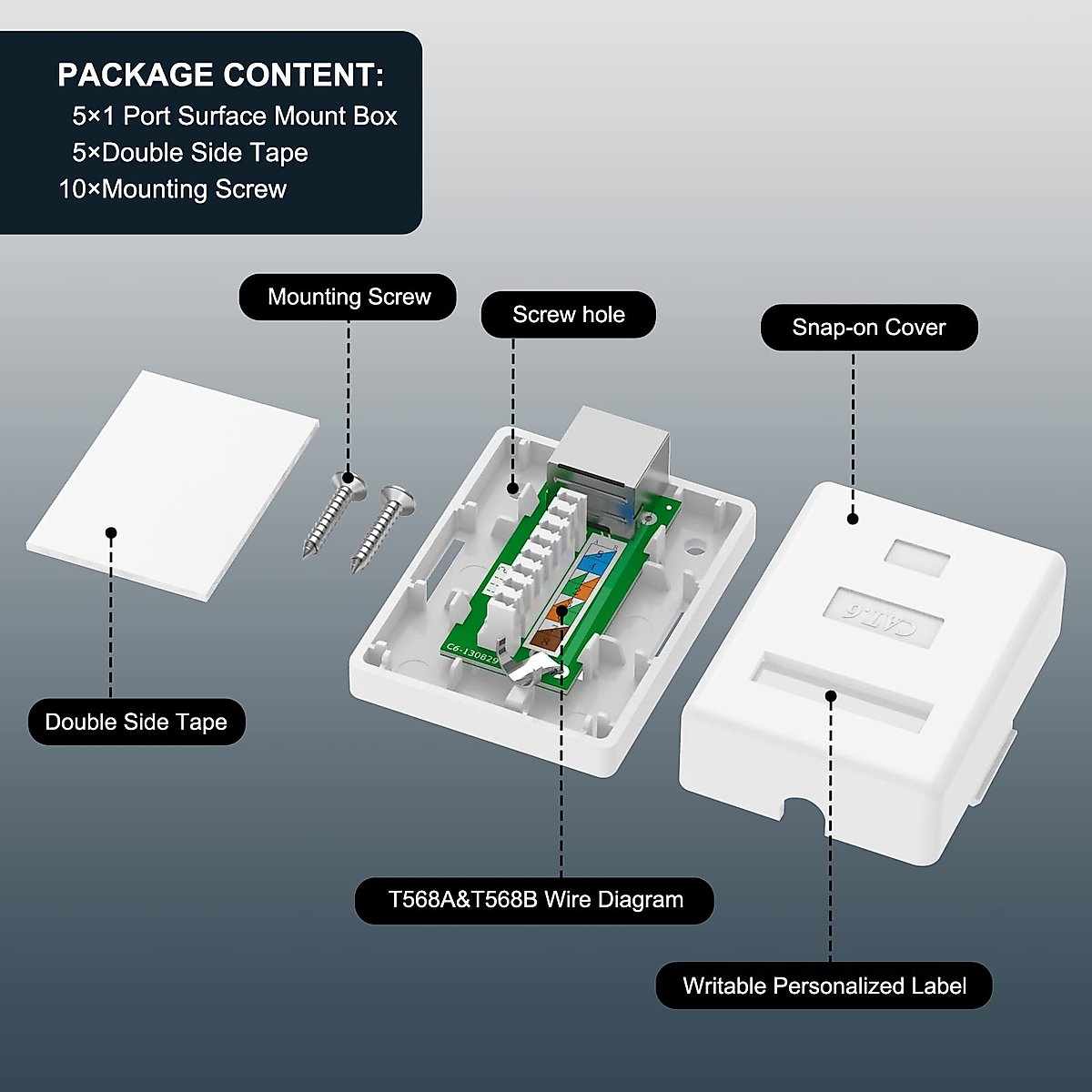 VCELINK Cat6 RJ45 Surface Mount Box Shielded 1-Port, Compatible with UTP Cat6/Cat5e/Cat5 Stranded or Solid Network Cables, 5-Pack, White