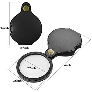6X Mini Pocket Magnifying Glass Folding Pocket Magnifier Loupe with Rotating Protective Holster Leather Pouch for Reading,Science Class,Hobby (Black), 60mm/2.4"