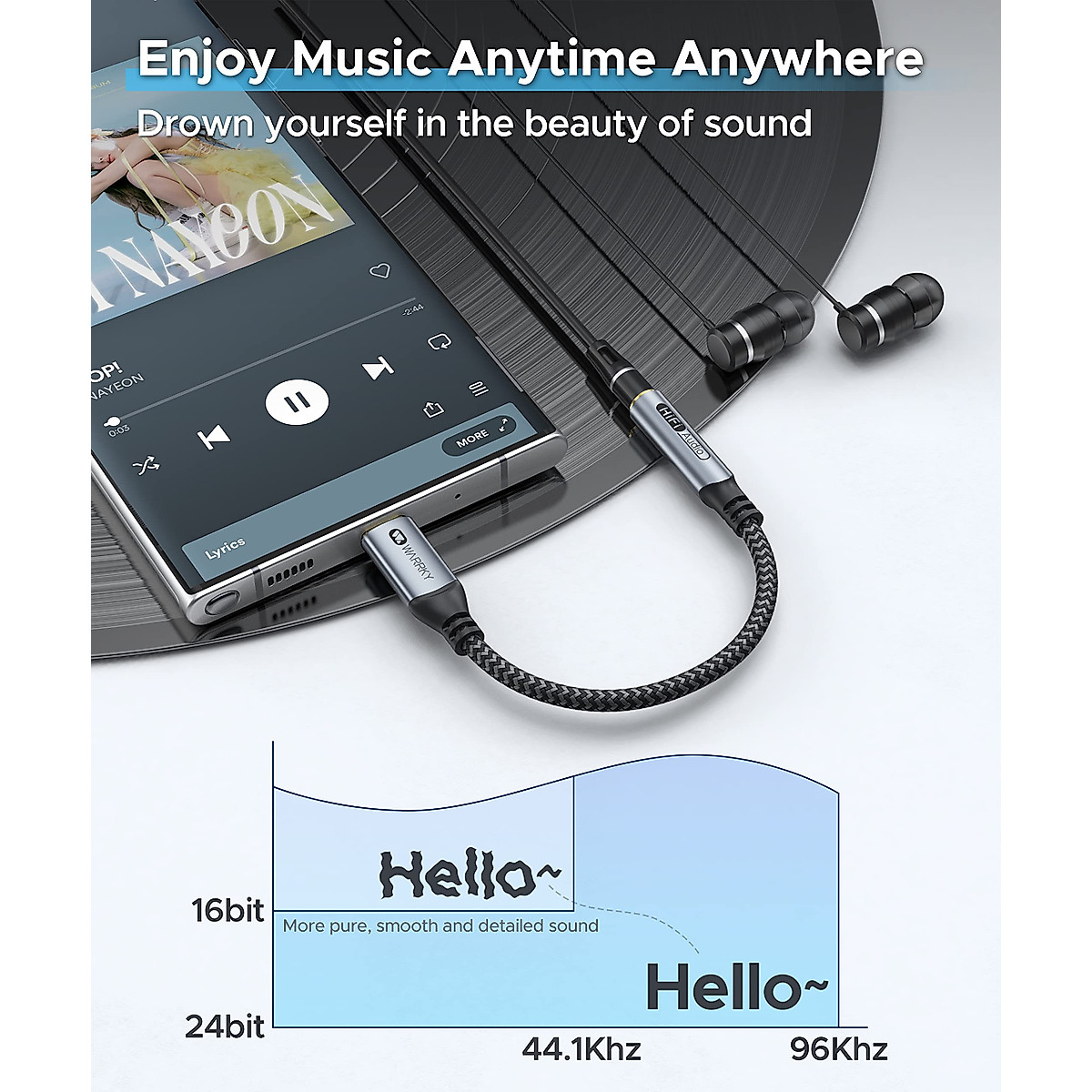 Warrky USB C to 3.5mm Audio Headphone Adapter【Flawless 24bit Hi-Res Sound Quality】 Type-C to Headphone Jack Compatible with Samsung Galaxy S22/S21/S20 Plus, Pixel 6/5/4, iPad Pro, Motorola, OnePlus