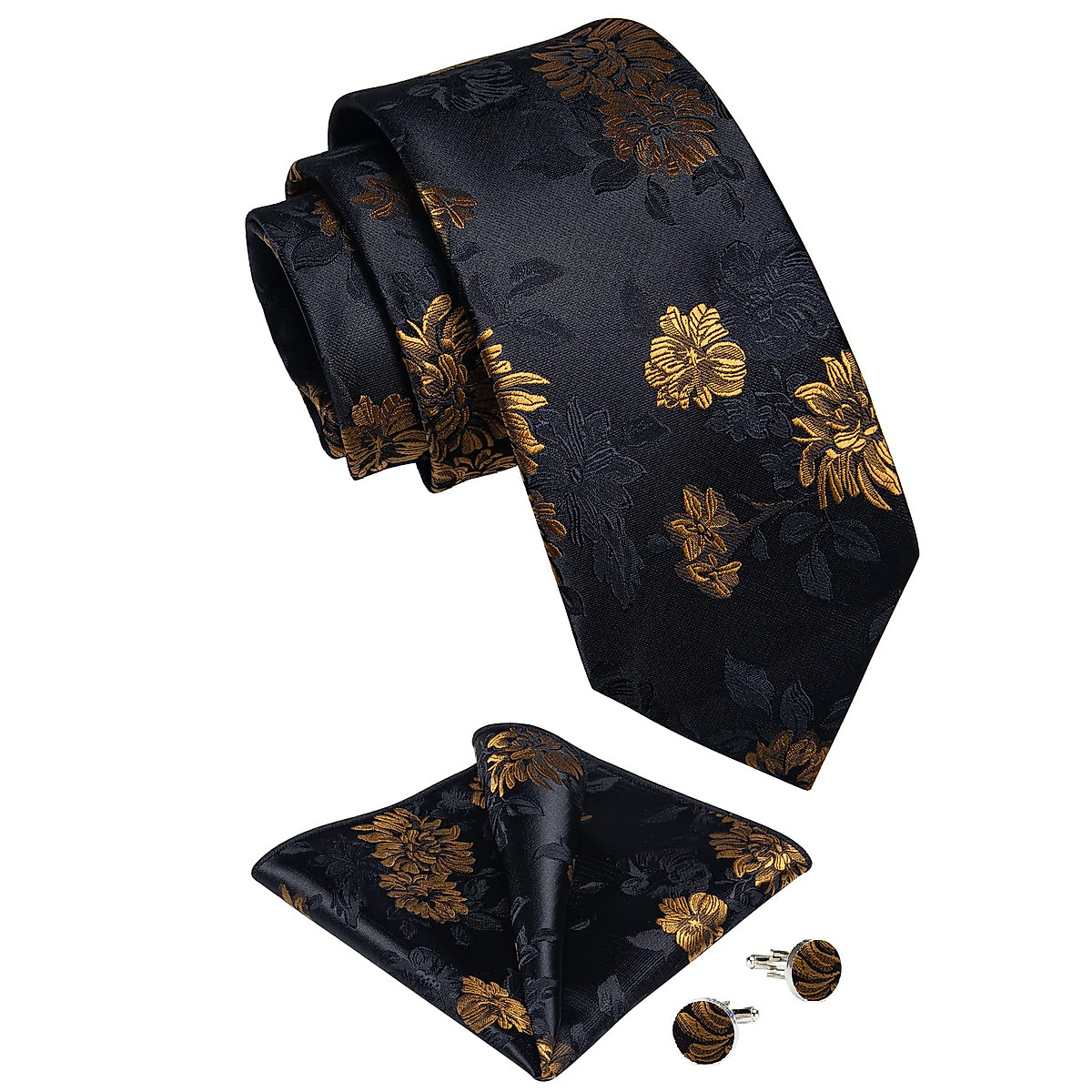 DiBanGu Men Golden Black Floral Neckties Silk Black Floral Tie and Pocket Square Cufflinks Party Wedding