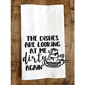 Handmade Funny Kitchen Towel - 100% Cotton Funny Hand Towel for Kitchen - 28x28 Inch Perfect for Chef Housewarming Christmas Mother’s Day Birthday Gift (The Dishes Are Looking at Me...)