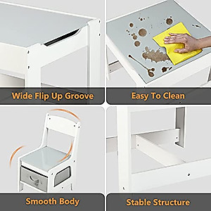 Kinder King Kids Wood Table & 2 Chairs Set, 3 in 1 Children Activity Table w/Storage, Removable Tabletop, Blackboard, 3-Piece Toddler Furniture Set for Art, Crafts, Drawing, Reading, Playroom, Grey