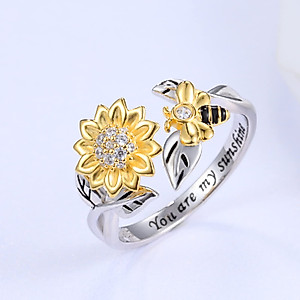 Silver Spinner Sunflower Bee Ring,925 Sterling Silver Adjustable Fidget Anxiety Bumble Bee with Sunflower Jewelry Ring for Women, Sterling Silver, Cubic Zirconia