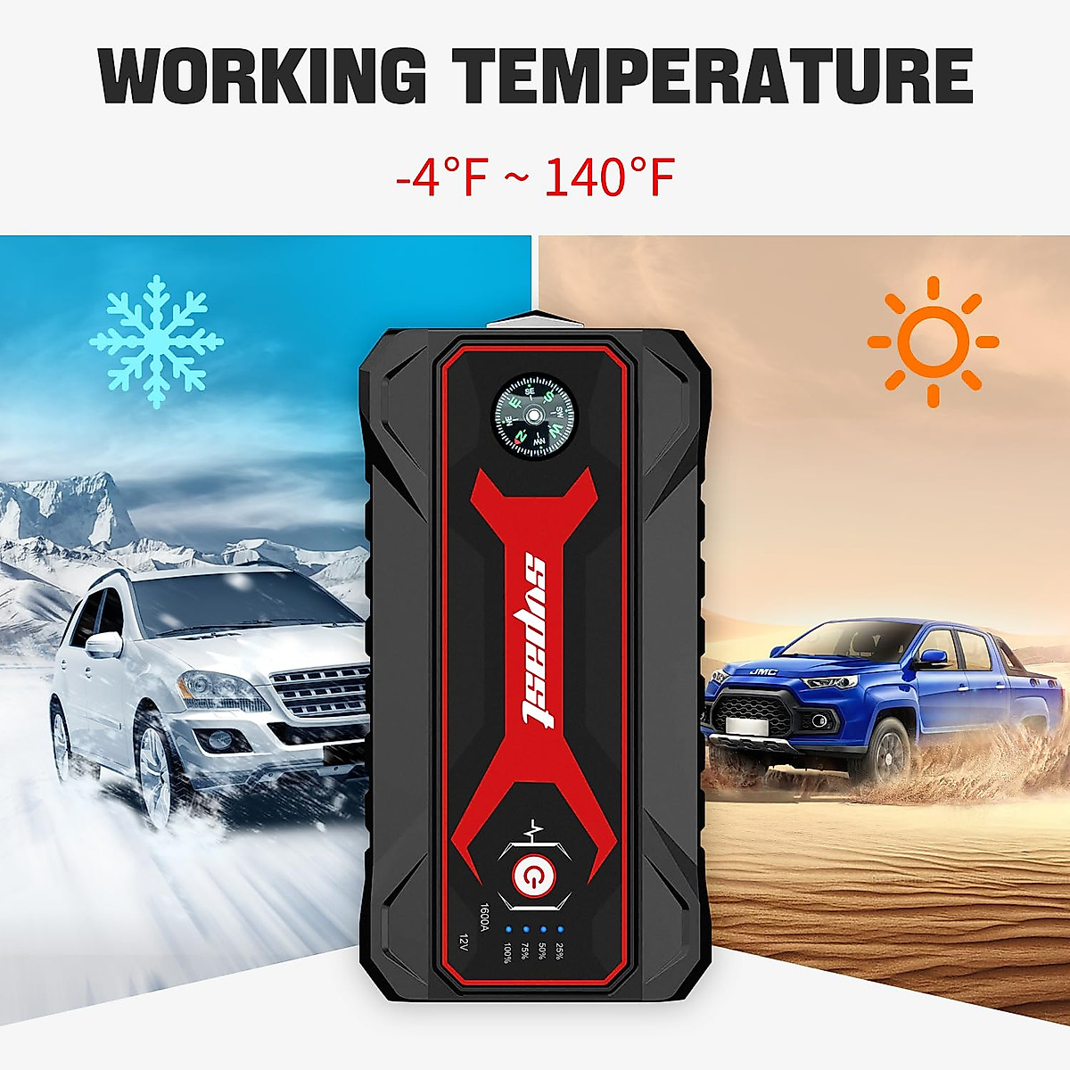 Svpast Jump Starter Car Battery Charger Portable 1600A Peak 18000mAh 12v Power Booster Pack Up to All Gas 7L Diesel Jumper Cables Dual USB Quick Charge QC 3.0 with Compass and Safety Hammer (NW-100)