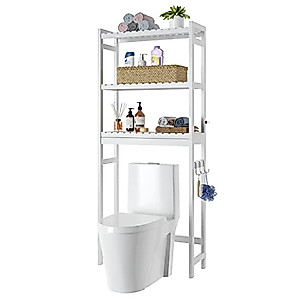 linstock Over The Toilet Storage, 3 Shelf Bathroom Space Saver, Bamboo Stable Freestanding Above Toilet Stand with 3 Hooks for Bathroom, Restroom, Laundry, White