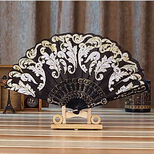 DUO ER Chinese/Spanish Style Dance Wedding Party Lace Silk Folding Hand Held Flower Fan (Color : Blue)