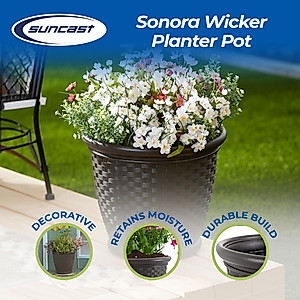 Suncast Sonora 18 Inch Lightweight Durable Plastic Wicker Decorative Flower Planter Pot for Yard, Garden, Indoor or Outdoor Use, Brown