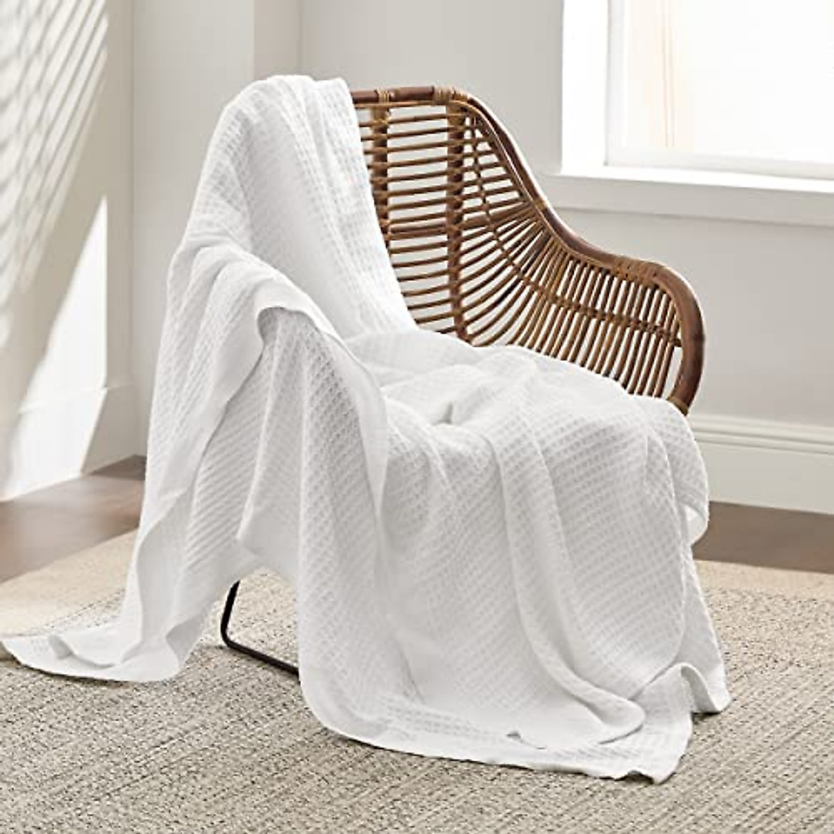 Bedsure 100% Cotton Throw Blankets for Couch - 405GSM Waffle Weave Blankets for All Seasons, Cozy and Soft Woven Blankets, Lightweight Fall Throw Blankets, White, 50x70 inches