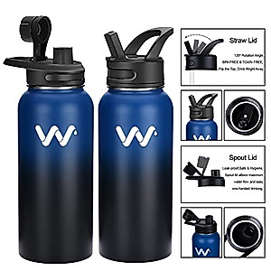 WEREWOLVES 24 oz Insulated Water Bottle With Paracord Handles & Strap & Straw Lid & Spout Lid,Reusable Wide Mouth Vacuum Stainless Steel Water Bottle for Adults (New-Blue Black, 24 oz)