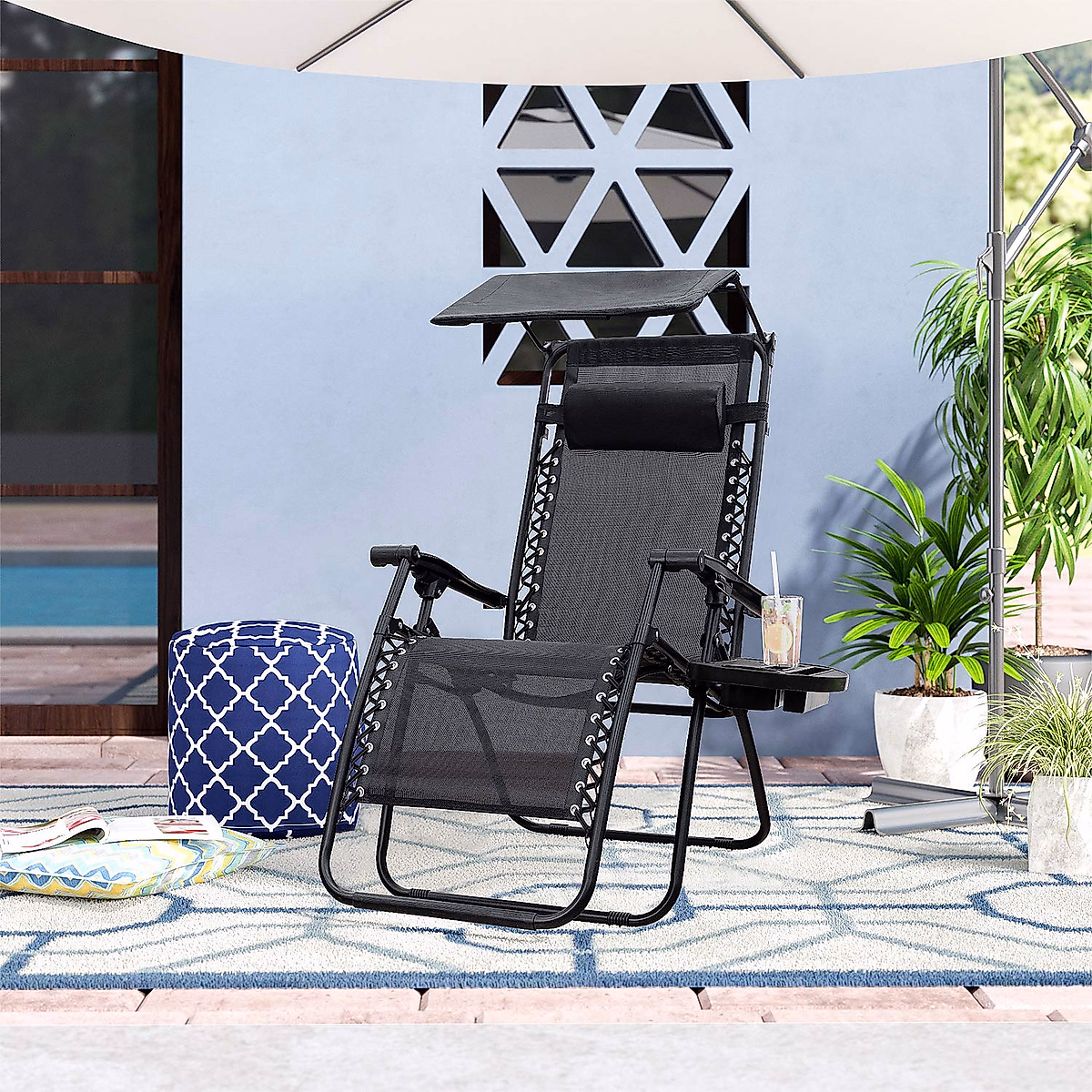 Devoko Patio Zero Gravity Chair Outdoor Recliner Lounge Chair with W/Folding Canopy Shade and Cup Holder (Black)