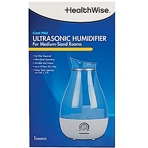 HealthWise Cool Mist Ultrasonic Humidifier | For Medium Size Rooms | No Filter Required | 24 Hour Run Time, Blue, 2.6L