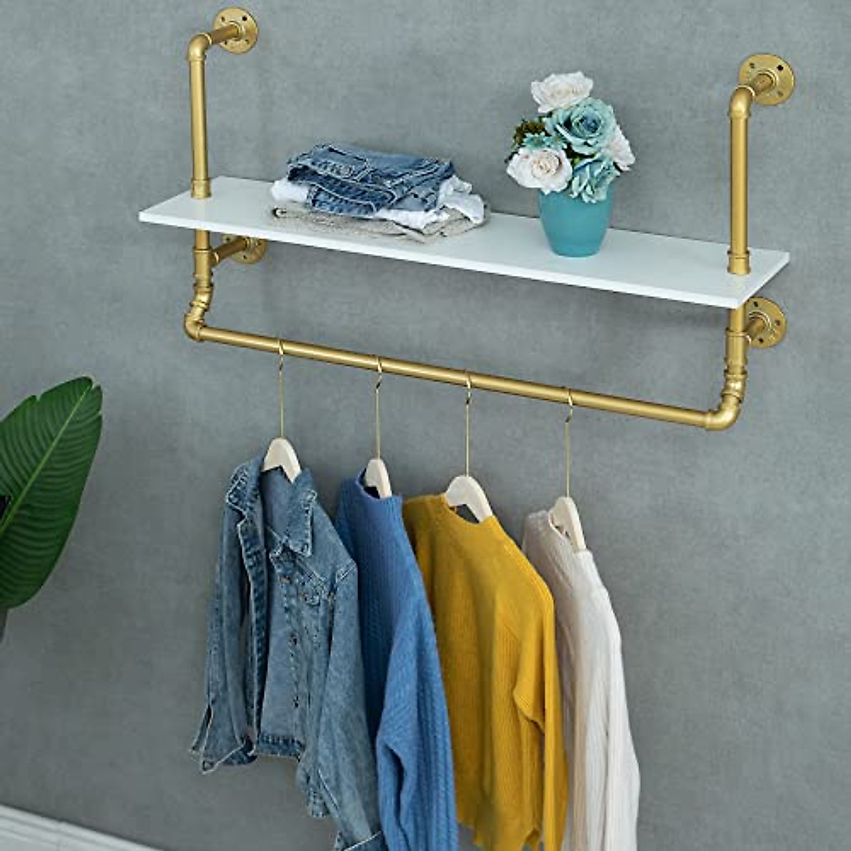 BOTAOYIYI Gold Clothing Rack, 40 inch Industrial Pipe Clothing Rack, Hanging Garment Clothes Wall Mounted with Shelves Shelving Rod White for Boutiques Retail Laundry Room Bedroom(39.4x9.8x19.7)