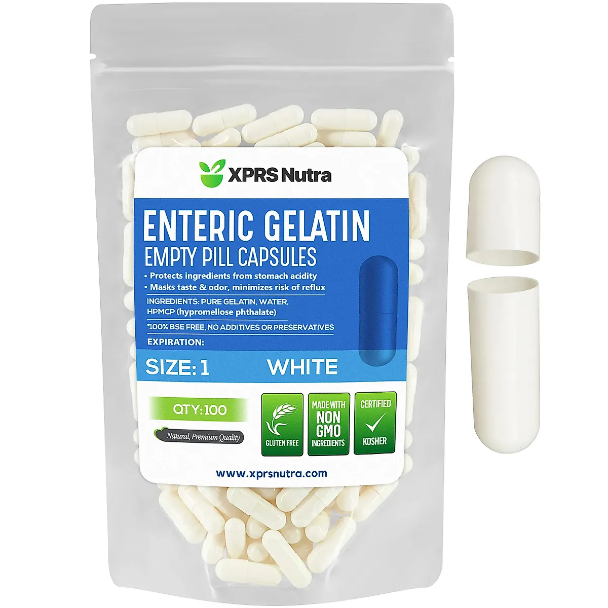 XPRS Nutra Size 1 Empty Capsules - 100 Count White Enteric Coated Empty Gelatin Capsules - Delayed Release Pill Capsules - DIY Capsule Filling - Pure Bovine Empty Enteric Capsules Gel Caps