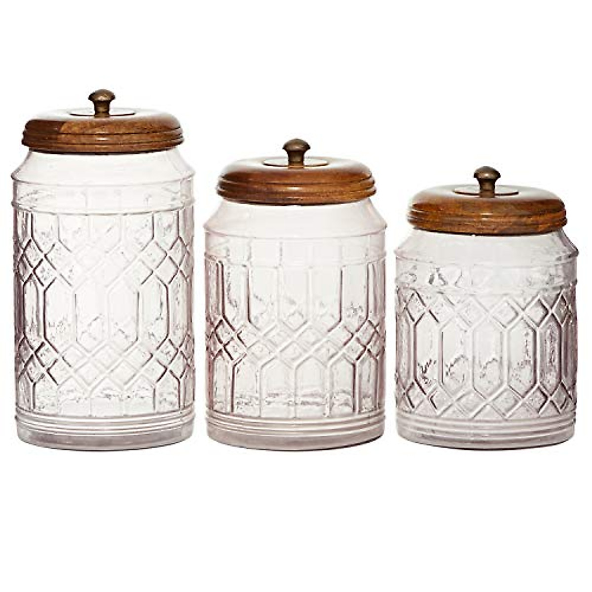 Deco 79 Glass Decorative Jars with Wood Lids, Set of 3 8", 9", 11"H, Clear