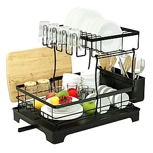 Zhithink Dish Drying Rack for Kitchen Counter, Large Dish Rack, Kitchen Drying Rack, Dishes Drying Rack, Kitchen Dish Drying Rack, Kitchen Drying Rack for Dishes, 2 Tier Dish Drainers Black