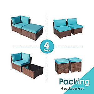 OC Orange-Casual 8 Piece Patio Sofa Set Brown Wicker Sectional Sofa with Turquoise Seat Cushions & Tempered Glass Coffee Table & Ottomans…