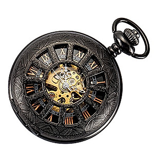 SIBOSUN Skeleton Pocket Watch Special 12 Little Window Case Design Men Black Mechanical with Chain Box