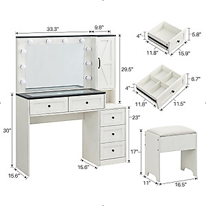 JXQTLINGMU Farmhouse Vanity Makeup Desk with Charging Station, 43" W Vanity Desk with Lights Mirror and Drawers for Makeup, Big Modern Vanity Table Set with Vanity Stool for Bedroom, White